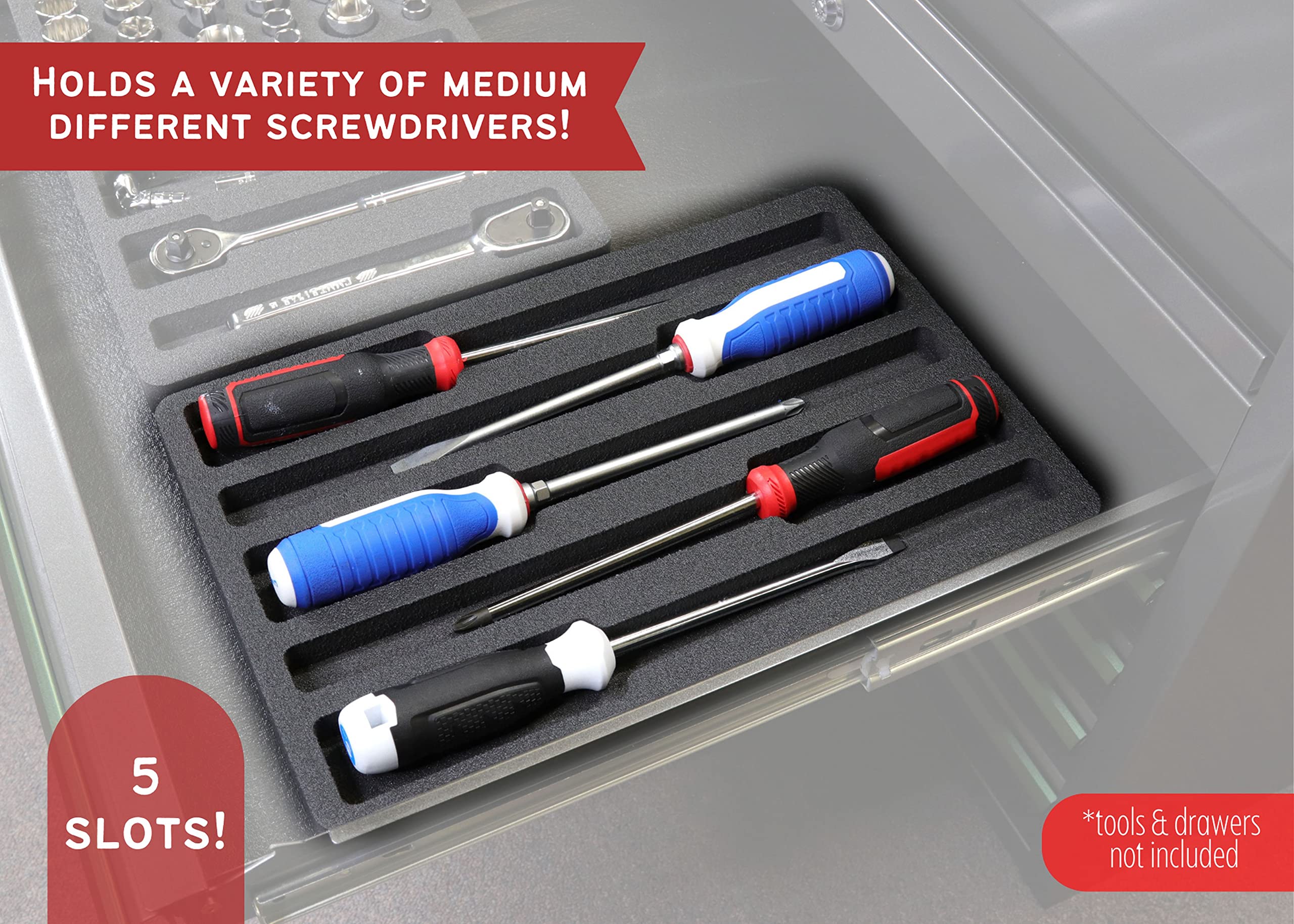 Polar Whale Tool Drawer Organizer 3-Piece Screwdriver Insert Set Black Durable Foam Holds Many Tools 15 x 10 Inch Trays Fits Craftsman Husky Kobalt Milwaukee Many Others