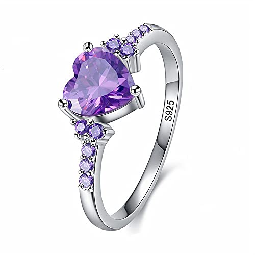 UNIQUFERANGER S925 natural amethyst heart-shaped zircon wedding engagement princess diamond ring (US size: 6-10) Purple(9)
