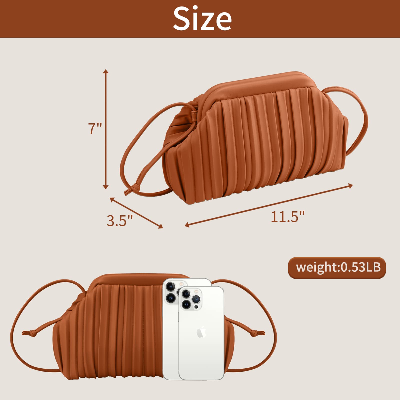 ZooLLyn Dumpling Bag for Women, with Detachable Shoulder Strap Clutch Purse Designer Cloud Handbag Ruched Bag Trend Crossbody Bag Soft PU Leather Russet