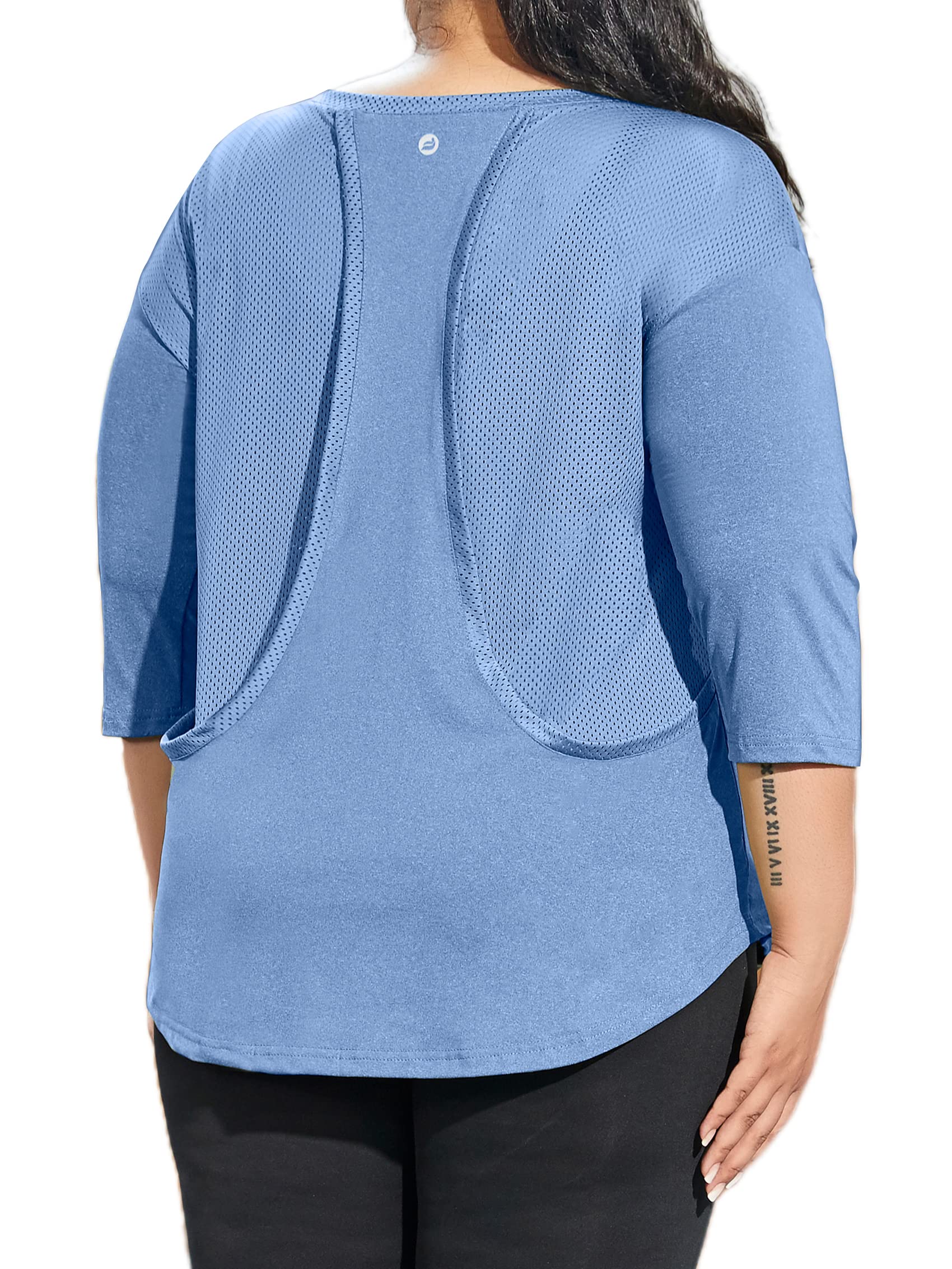 Women's Plus Size Mesh Workout Tops Long Sleeve Sport Tee Racerback Athletic Yoga Gym Shirts with Thumb Holes,Dark Blue,XXL