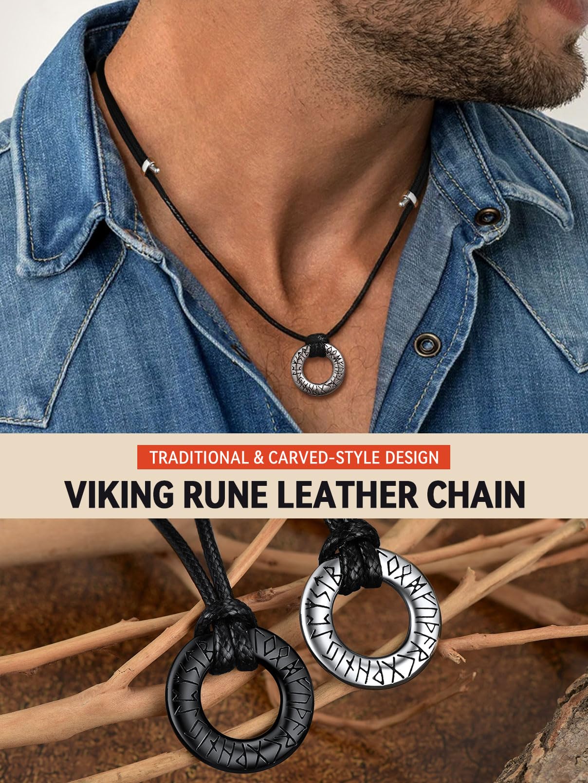 Viking Runes Necklace with Leather Neck Chains Black Stainless Steel Nordic Mythology Rune Charms