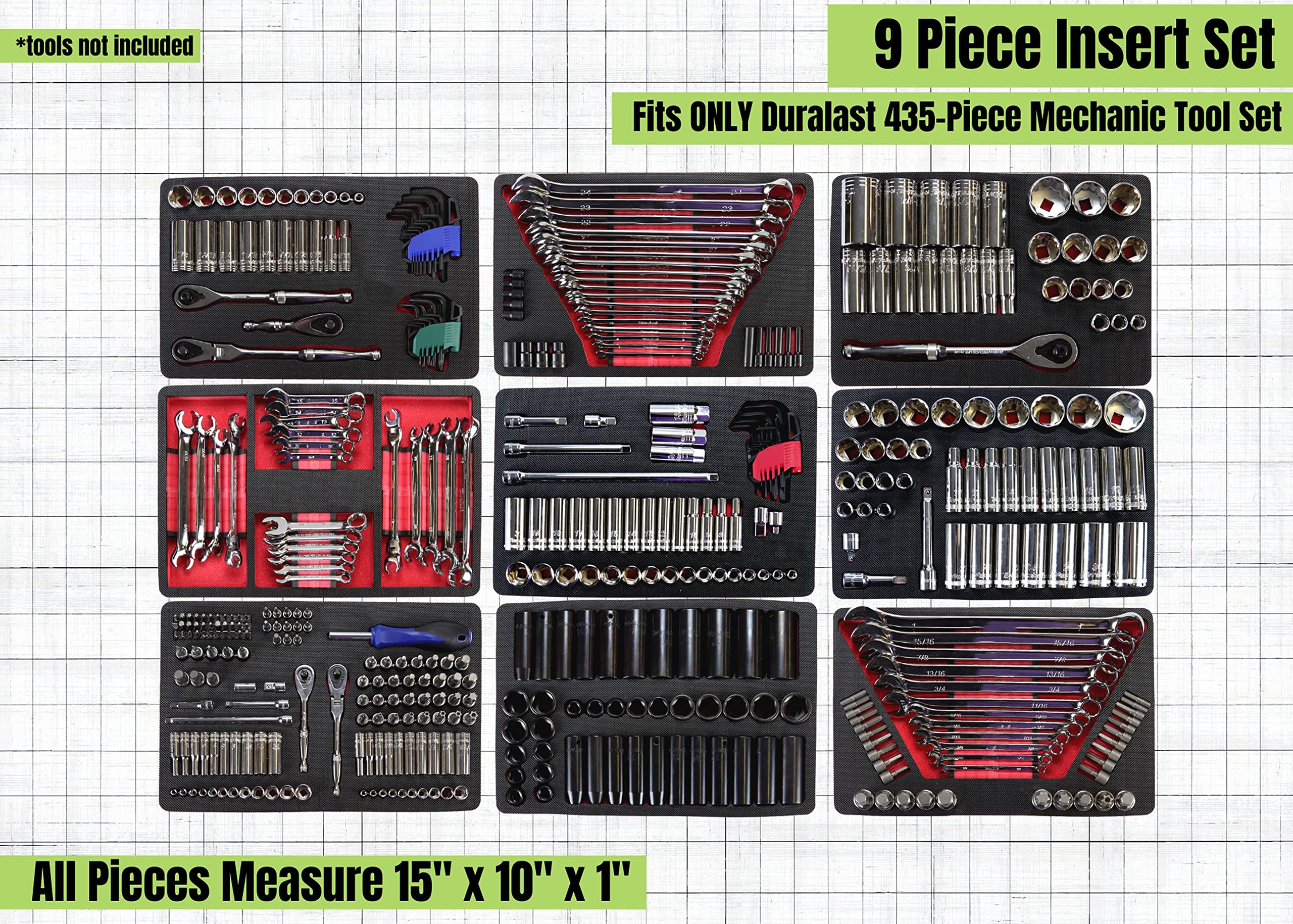 Polar Whale Tool Drawer Organizer Inserts Fits Duralast 435 Piece Mechanics Set Red and Black Durable Foam Trays Holds Many Tools ONLY For 61-990 1089589 Fits Most Cabinet and Chest Drawers