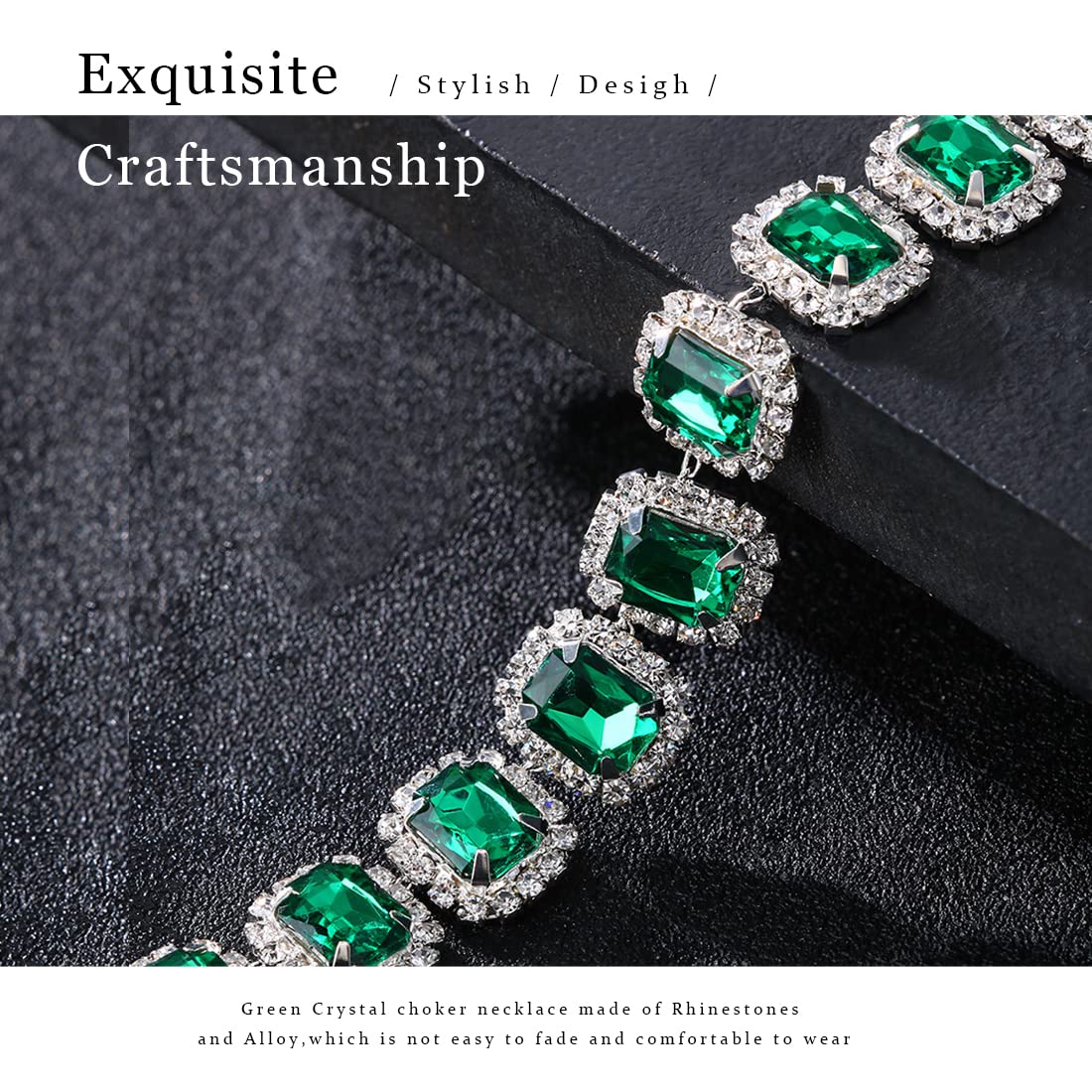 STONEFANS Emerald Green Rhinestone Choker Necklace For Women Sparking Square Rhinestone Choker Collar Statement Silver Neck Jewelry (Green)