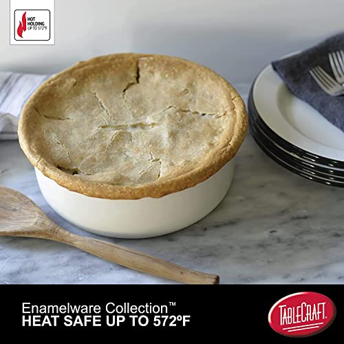 TableCraft Products Enamelware Collection Black Rim Solid White Enamel Deep Bowl Baking Pan, Camping, Farmhouse, Porcelain Over Steel, Vintage, Boho, Retro, 10.13" Round, 3.6" Deep, Set of 4 (80017)