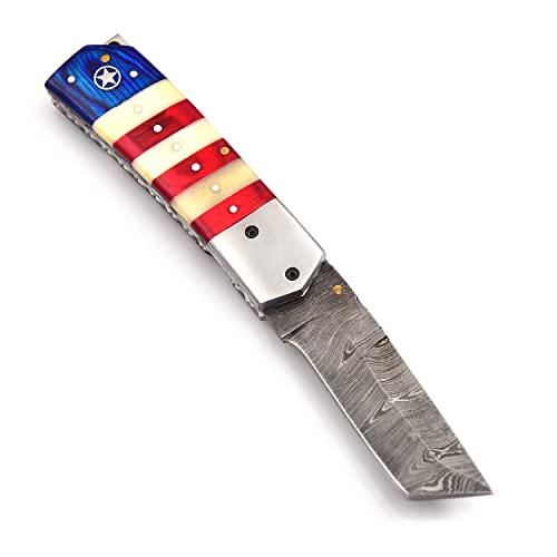 W Trading Custom Hand Made Damascus Steel Blade Gorgeous Folding Hunting Knife AMERCIAN FLAG, Liner Lock with Leather Pouch. ZE-5125-AF
