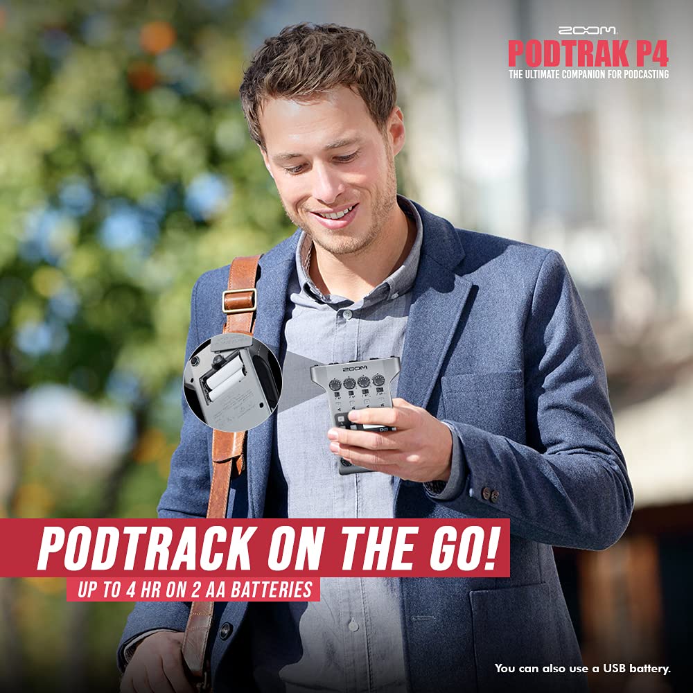 Zoom PodTrak P4 Portable Multitrack Podcast Recorder Bundle w/ 4 Ins/ 4 Outs + Audio D38X3 Microphone 3 Pack + 3X R100 Stereo Headphones + 64GB Memory Card + Mic Stand + Pro Audio XLR Cable and more