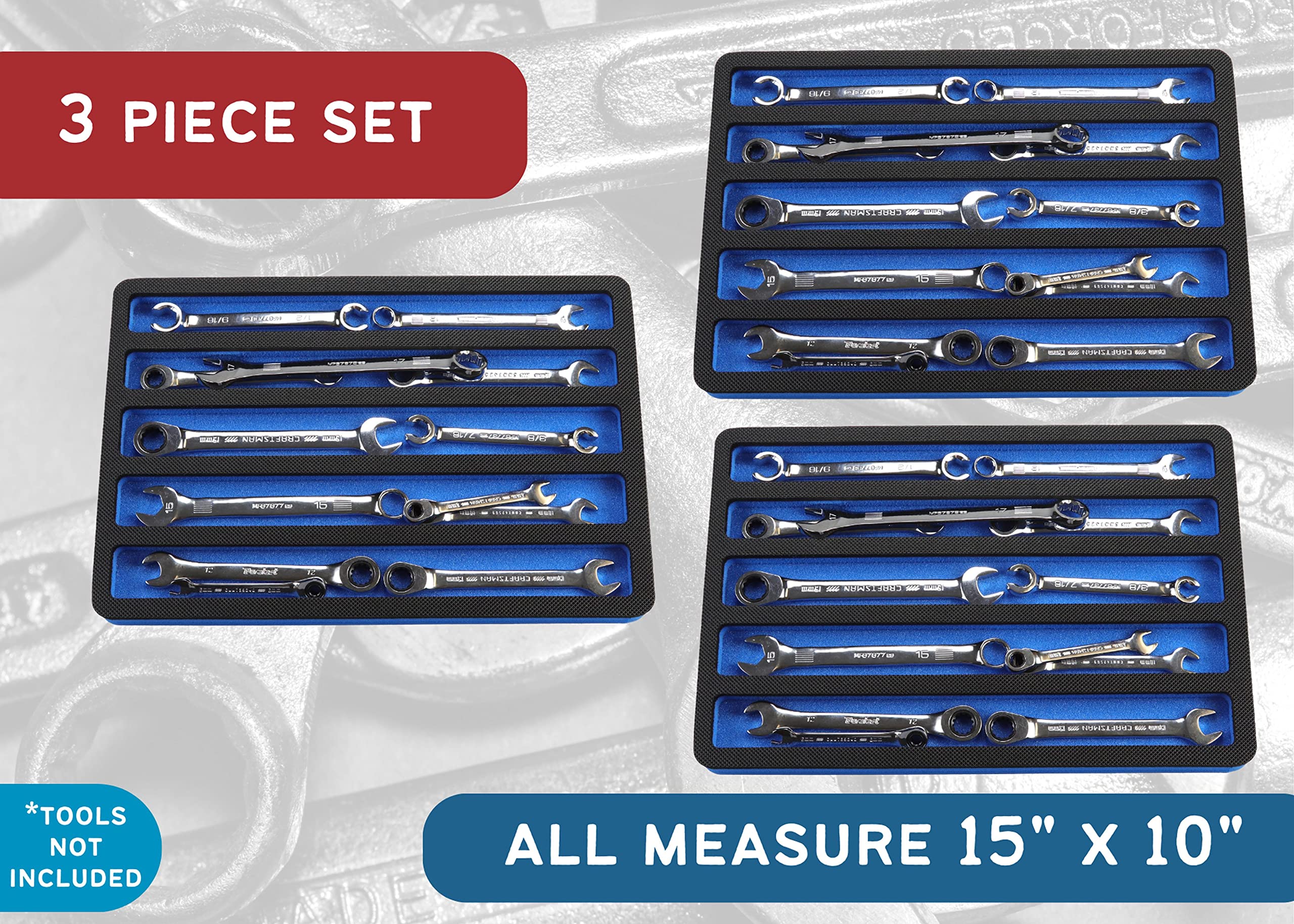 Polar Whale Tool Drawer Organizer 3-Piece Wrench Insert Set 5 Pockets Blue and Black Durable Foam Holds Many Tools 15 x 10 Inch Trays Fits Craftsman Husky Kobalt Milwaukee Many Others
