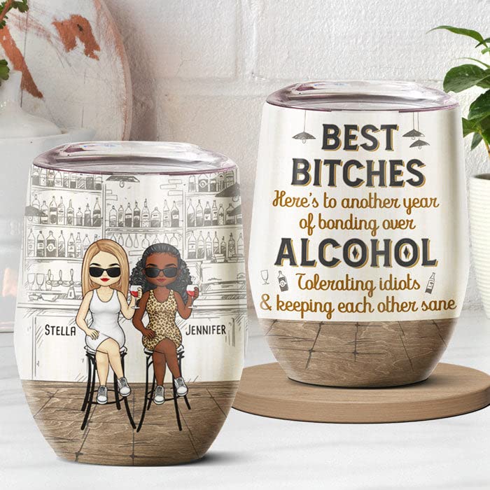 Pawfect House Here's To Another Year Of Bonding - Bestie Personalized Custom Wine Tumbler - Gift For Best Friends BFF Sisters Gift Idea For Best Friend Friendship Gifts For Women (2 Women)