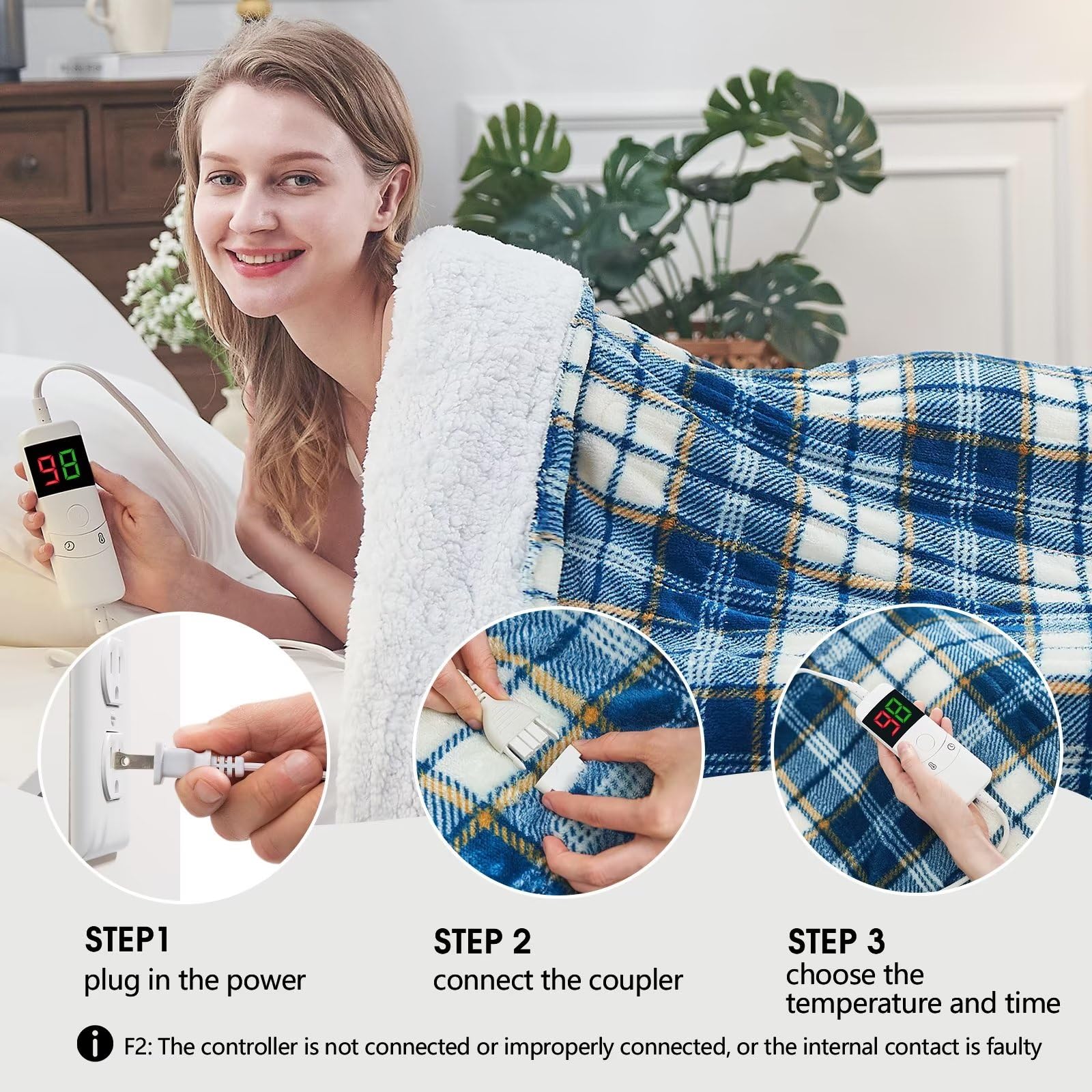 OCTROT Electric Heated Throw Blanket 50"x60", Fast Heating Blanket with Dual Control, 10 Heat Level & 5 Timer Auto Off Soft Warm Sherpa Heater Blanket for Couch, Christmas Blanket Gift (Blue Paid)