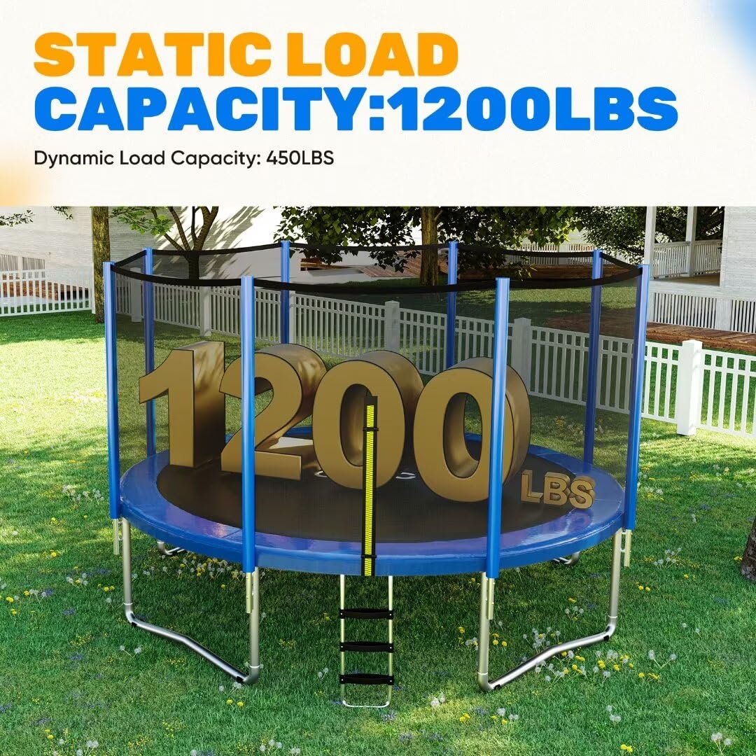 ORCC 1200LBS Weight Capacity 16 15 14 12 10ft Trampoline for Kids and Adults Outdoor Trampolines with Safety Enclosure Net Wind Stakes Non-Slip Ladder