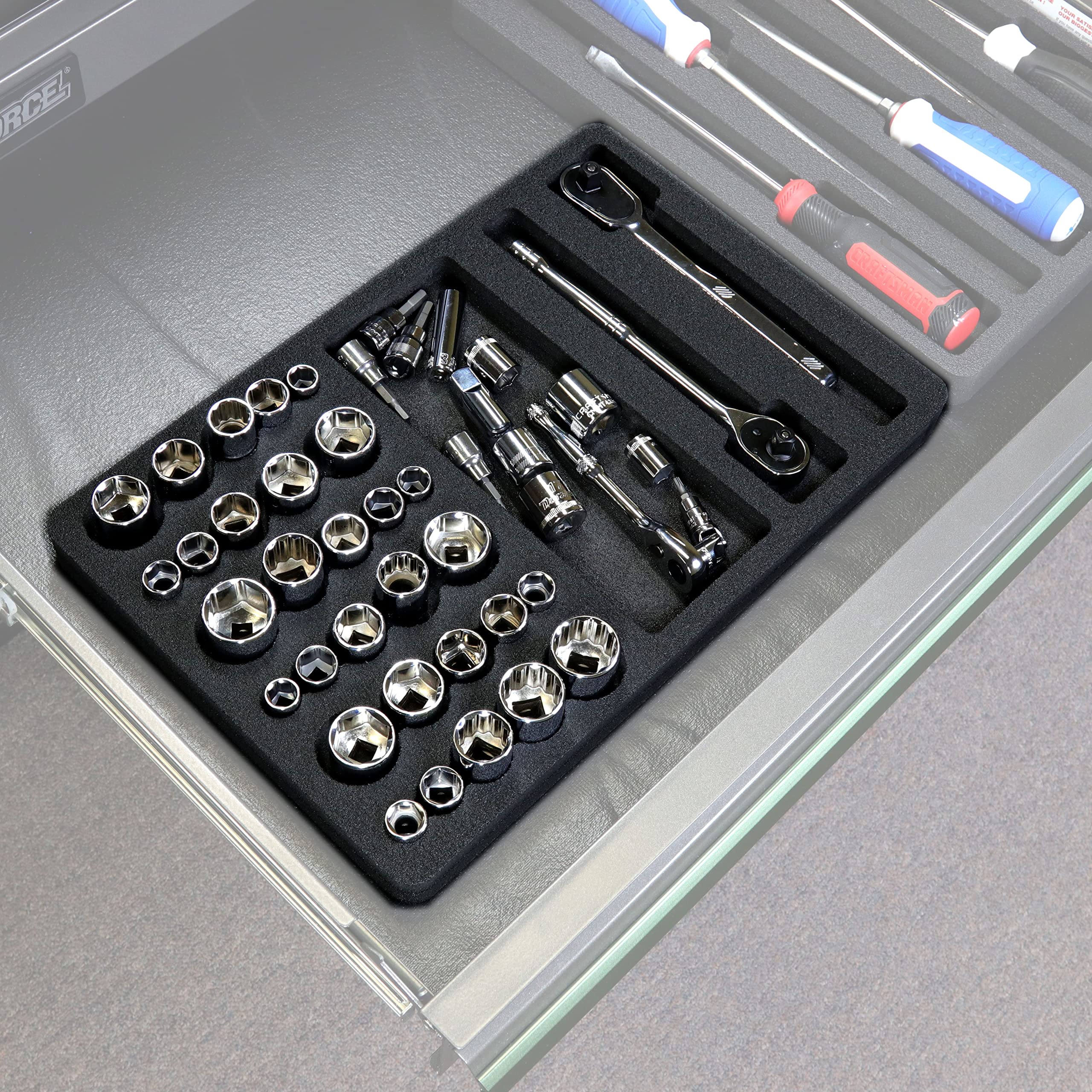Polar Whale Tool Drawer Organizer Socket Holder Insert Black Durable Foam Strong Tray 15 x 10 Inches Holds 30 Sockets and More Fits Craftsman Husky Kobalt Milwaukee and Many Others