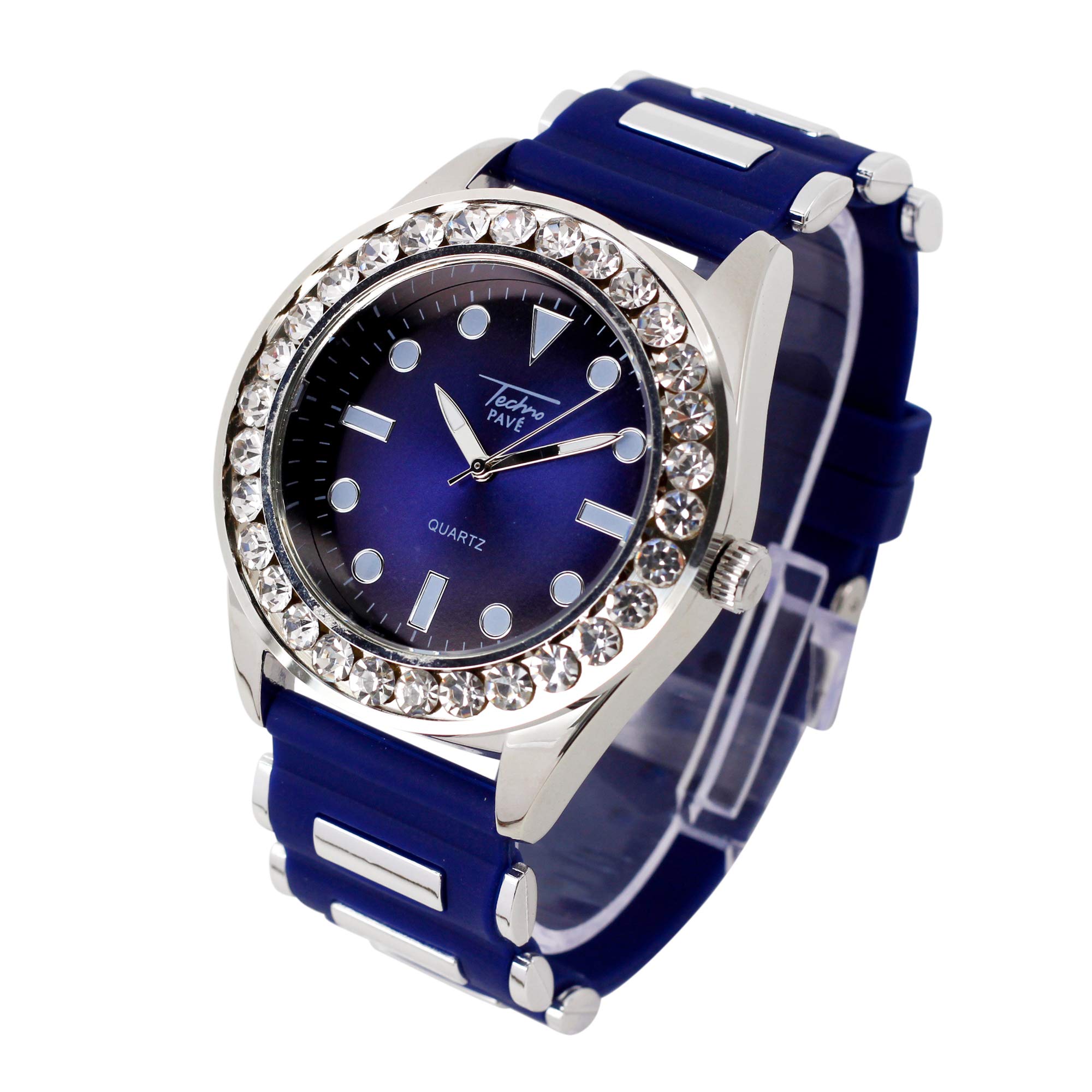 Techno Pave Mens Silver Hip Hop Iced Out Silicone Band Watch with Solitaire Bezel and Unique Time Indicators - Silicone Band Breathable Strap with Adjustable Holes