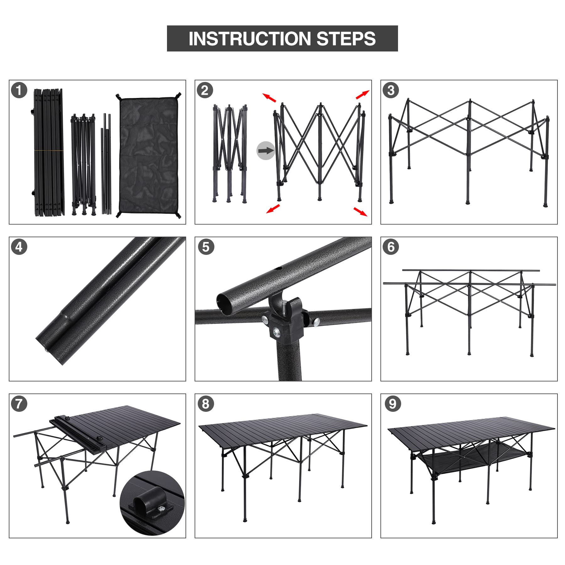 Stonehomy Aluminum Camping Table Roll Top with Mesh Storage 5 FT, Folding Lightweight Roll Up Table for Outdoor Camping Grill, Black, 60x31.5 Inch