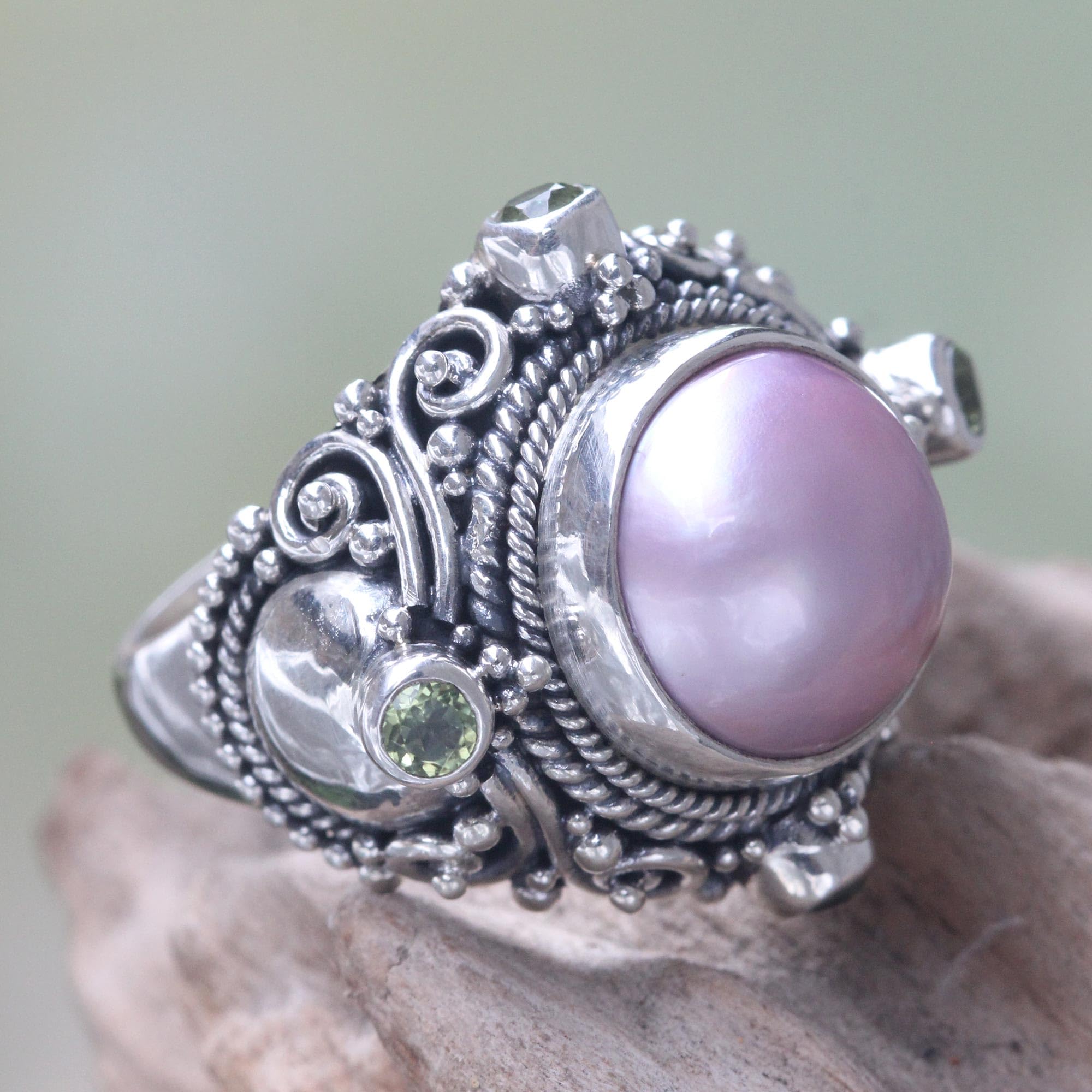 NOVICA Peridot Pink Cultured Mabe Pearl .925 Sterling Silver Cocktail Ring, Regal Rose Glory'