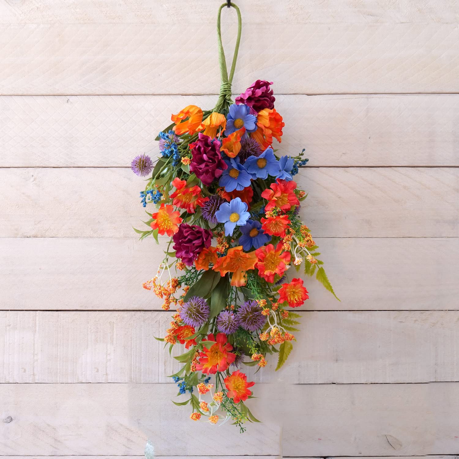 Orchid & Ivy 26-Inch Colorful Artificial Dahlia Flower Swag Drop Wreath w/Wildflower Accents and Greenery - Decorative Country Rustic Front Door Decoration - Inside Outside Hanging Floral Home Decor