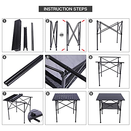 Stonehomy Aluminum Camping Table Roll Top with Mesh Storage, Folding Lightweight Roll Up Table Square for Outdoor Camping Grill, Black, 27.6X27.6 Inch