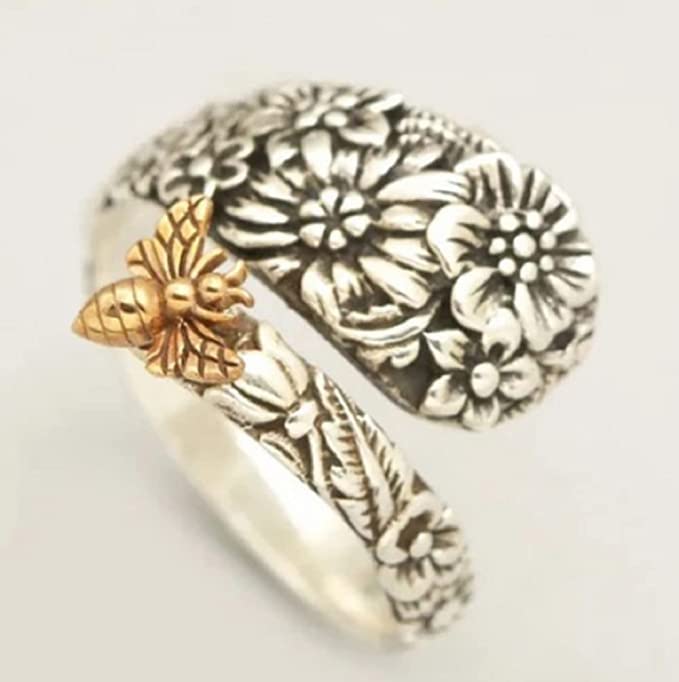 ZhxshwHdd Bee Flower Boho Adjustable Spoon Rings For Women Men Silver Vintage (silver, 6)