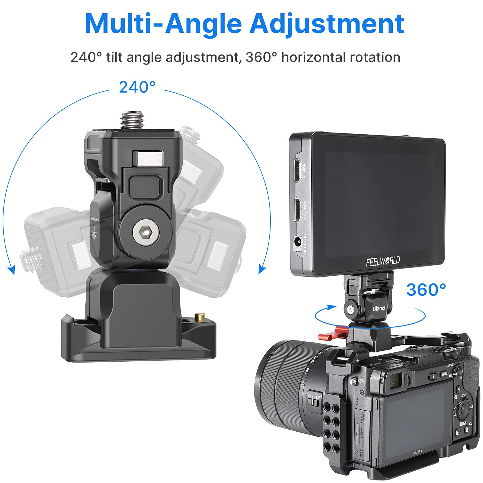 R082 Quick Release Monitor Mount 360° Adjustable NATO Rail Monitor Clamp for Camera Cage, 1/4" QR Slide Plate Video Shooting Accessories