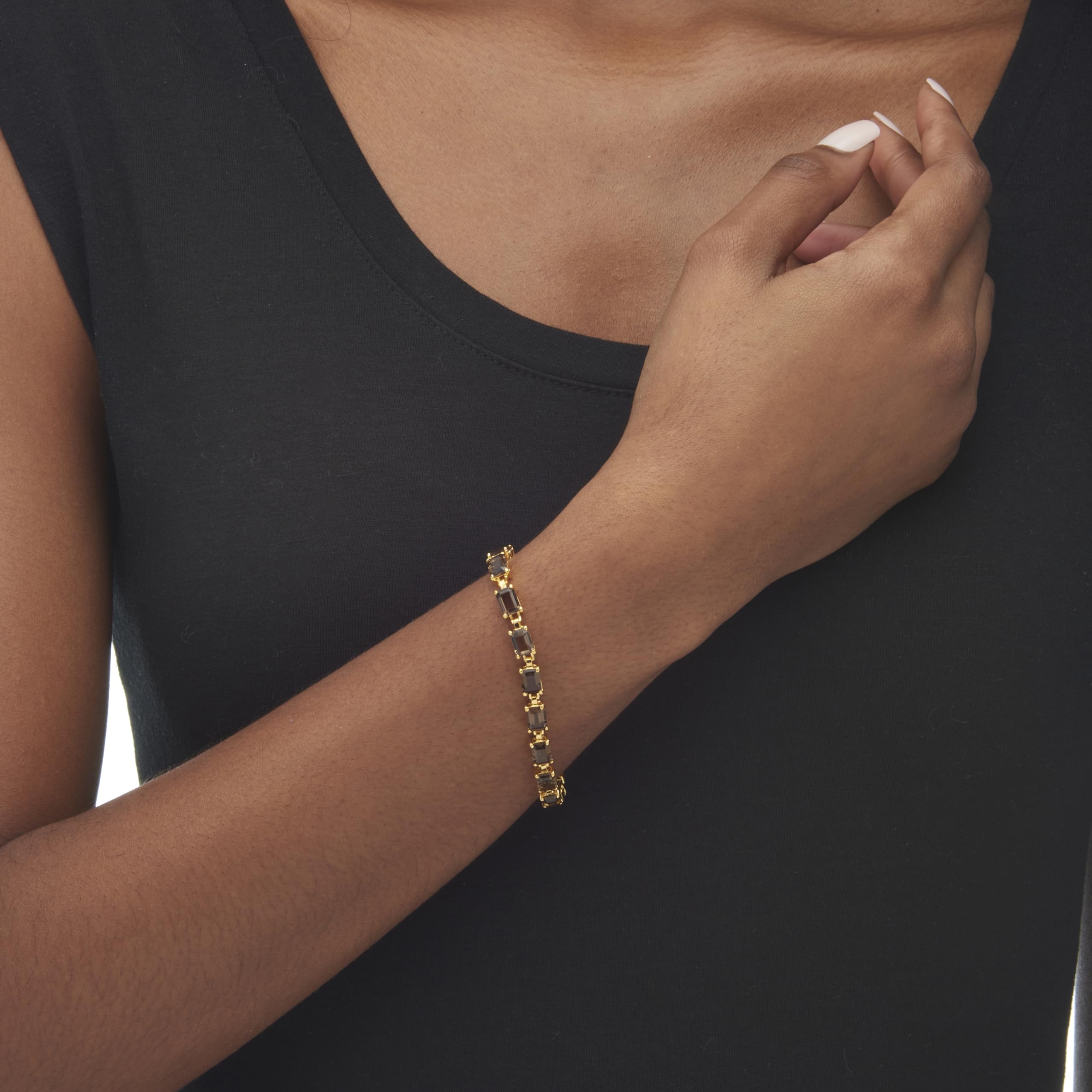 PalmBeach Yellow Gold-plated Emerald Cut Genuine Smoky Quartz, Tennis Bracelet (5.5mm), Hidden Box Clasp, 7.25 inches