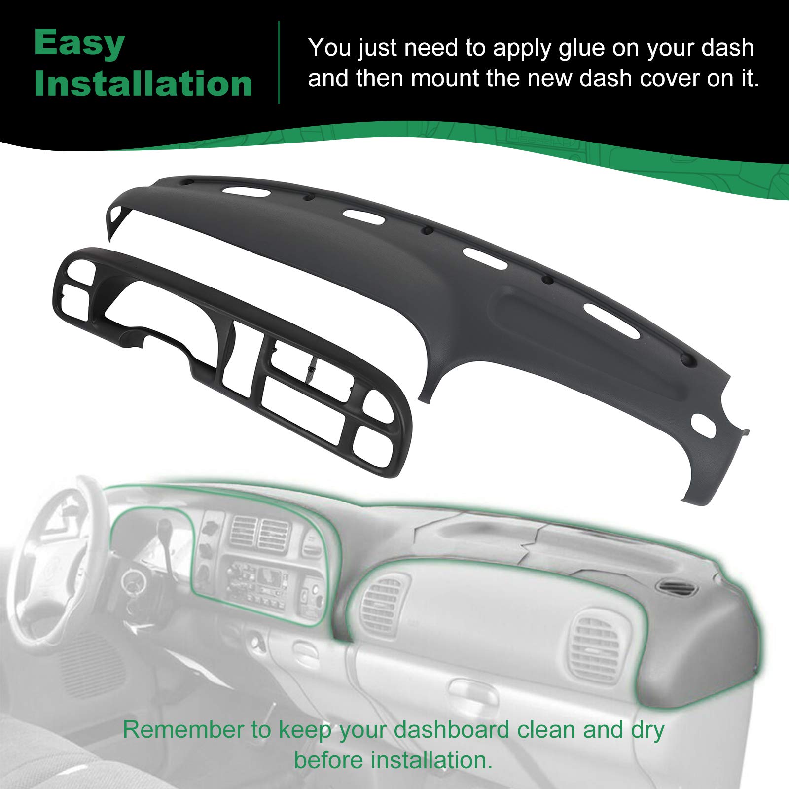 SCITOO Dash Cover & Instrument Panel Cover Kit Fits for Dodge for Ram 1500 2500 3500 1998-2002 Molded Black Overlay