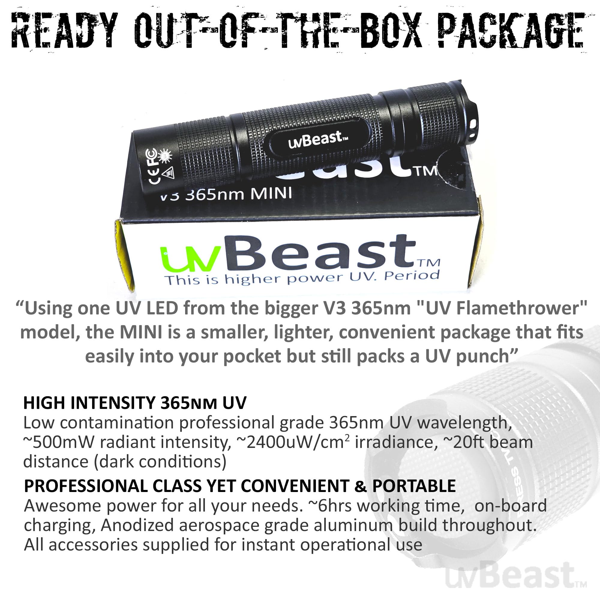 uvBeast New V3 365nm Mini - Black Light UV Flashlight – High Definition Pure Ultraviolet - Professional Grade High Power Upgraded 5 Core UV LED – USA Stock