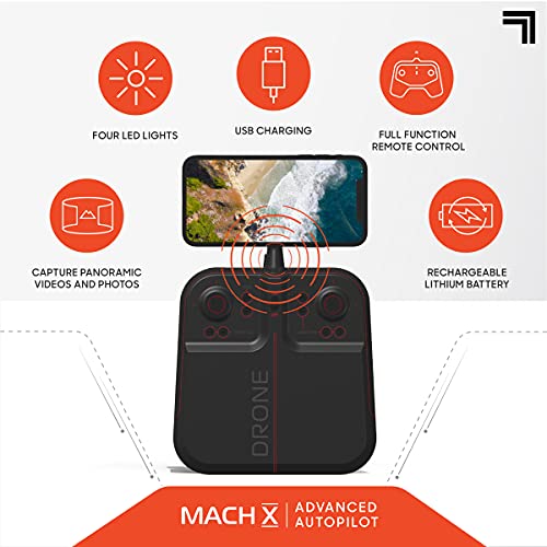 Sharper Image 10” Mach X Long Range Drone with Streaming Camera, LED Lights, 2.4 GHz, Auto-Orientation, Assisted Landing and Gyro Stabilization Control, Capture Panoramic Videos, Rechargeable Battery, 1 Count(Pack of 1)