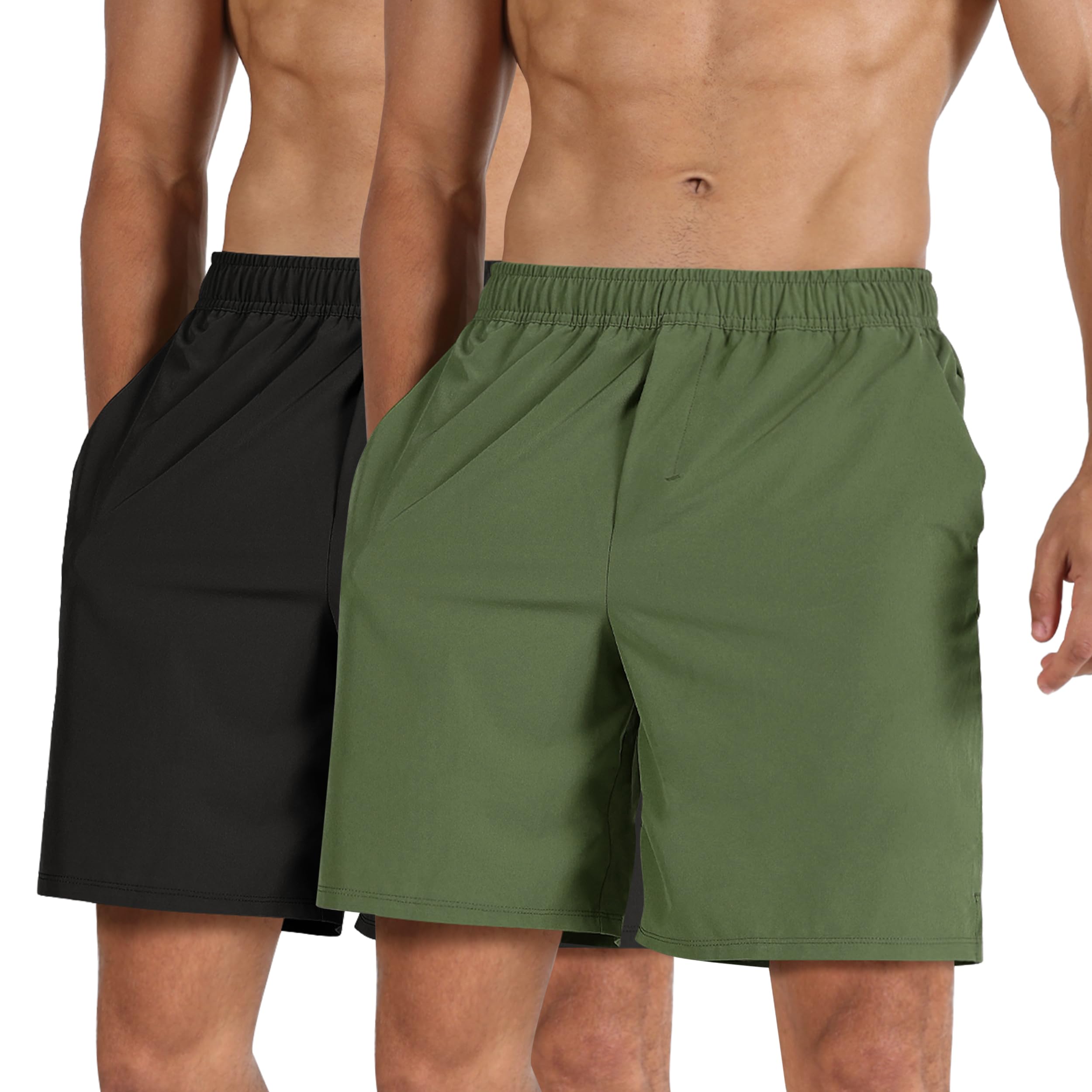 ODODOS Men's 2 Pack Athletic Shorts with Pockets 5" Quick Dry Lightweight Workout Gym Running Shorts, Black+Army Green, X-Large