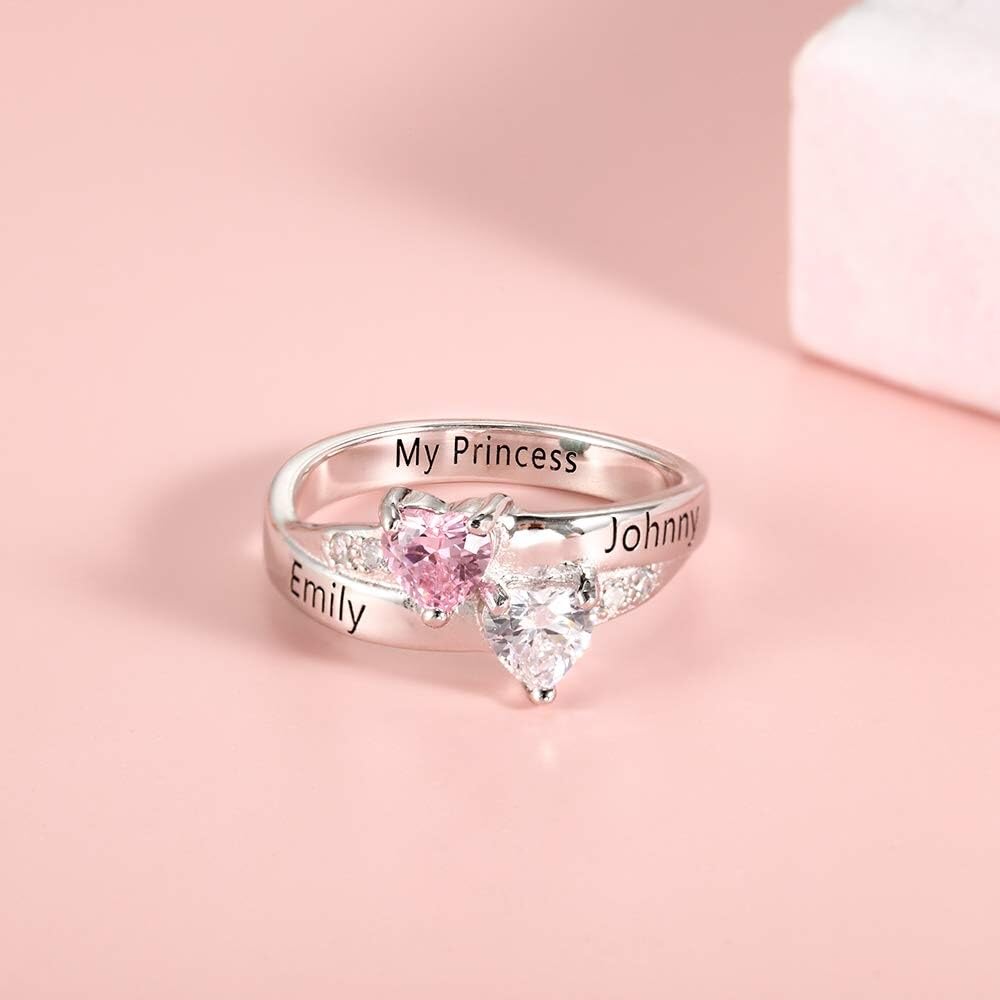 PaulaMax Jewelry Promise Rings for Her β Custom Engraved Birthstone Ring for Women in Sterling Silver or White Gold β Personalized 2 Heart Birthstones, Sizes 5-12