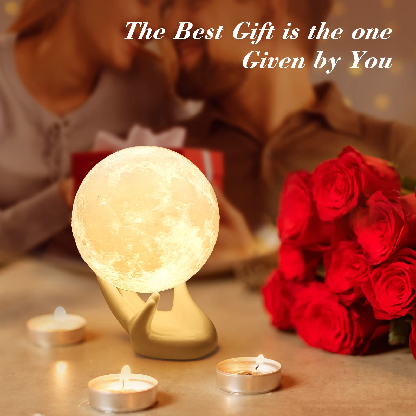 Mydethun 3D Moon Lamp with Ceramic Base, Mothers Day Gift, LED Night Light, Mood Lighting with Touch Control Brightness for Women,Home Décor, Bedroom, Kids Birthday, 3.5 Inch - White & Yellow