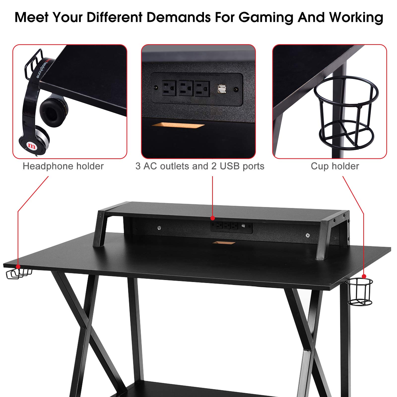 POWERSTONE Gaming Desk - 46” Gaming Computer Desk Office Desk Racing Style PC Gamer Desk Large Writing Workstation Black Home Table