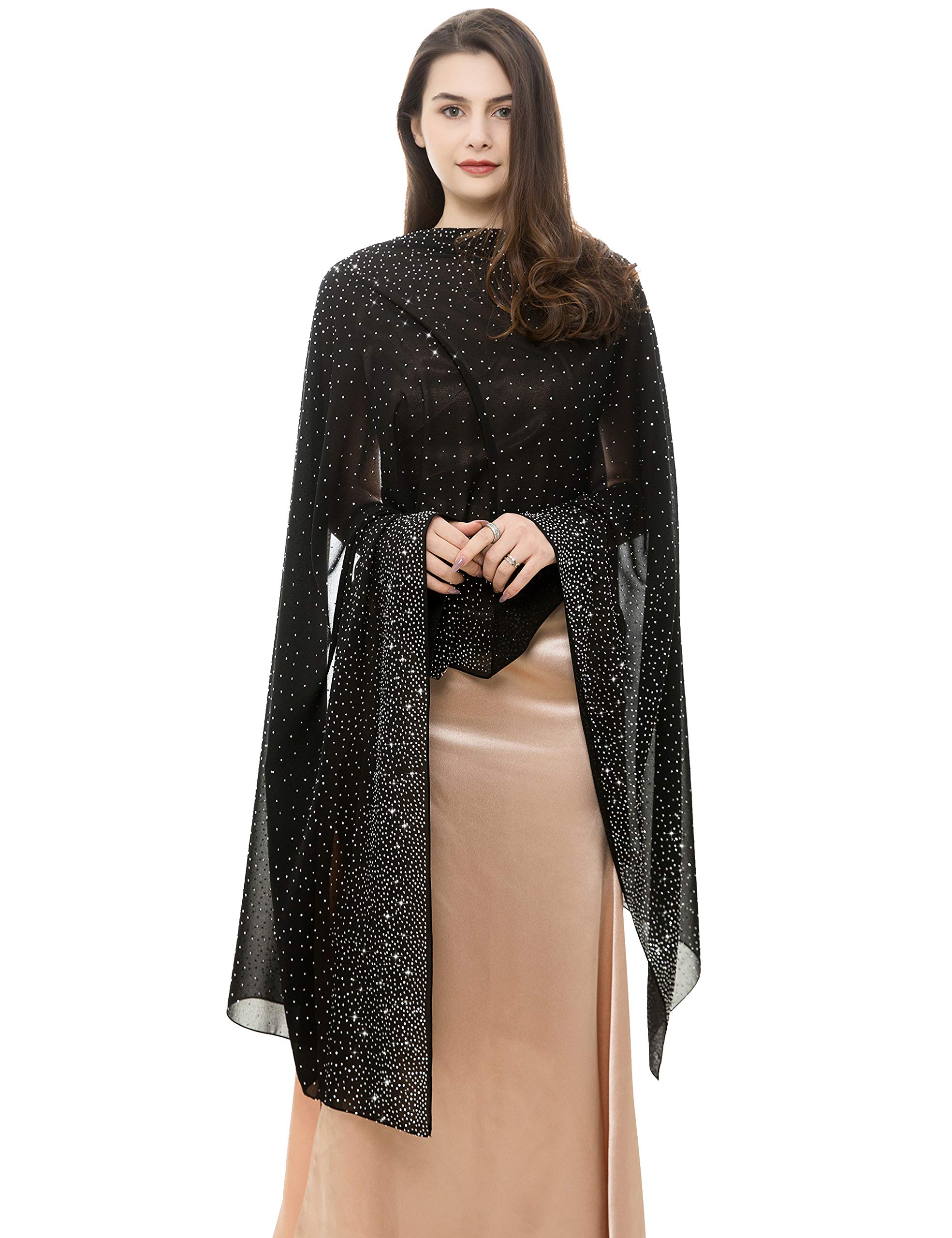 REEMONDE Womens Pashmina Shawls and Wraps for Evening Dresses Chiffon Bridal Shawl for Wedding Dressy Rhinestones Sparkly Scarf (Black)