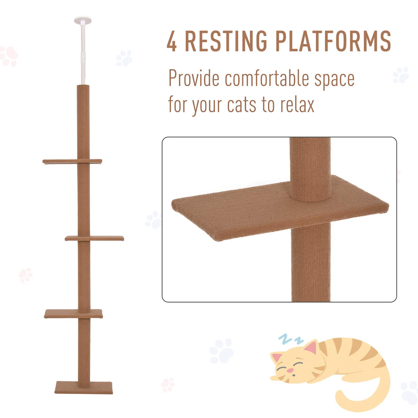 PawHut Floor-to-Ceiling Cat Tree Cat Climbing Tower with Sisal-Covered Scratching Posts Natural Cat Tree Activity Center for Kittens Cat Tower Furniture, Brown