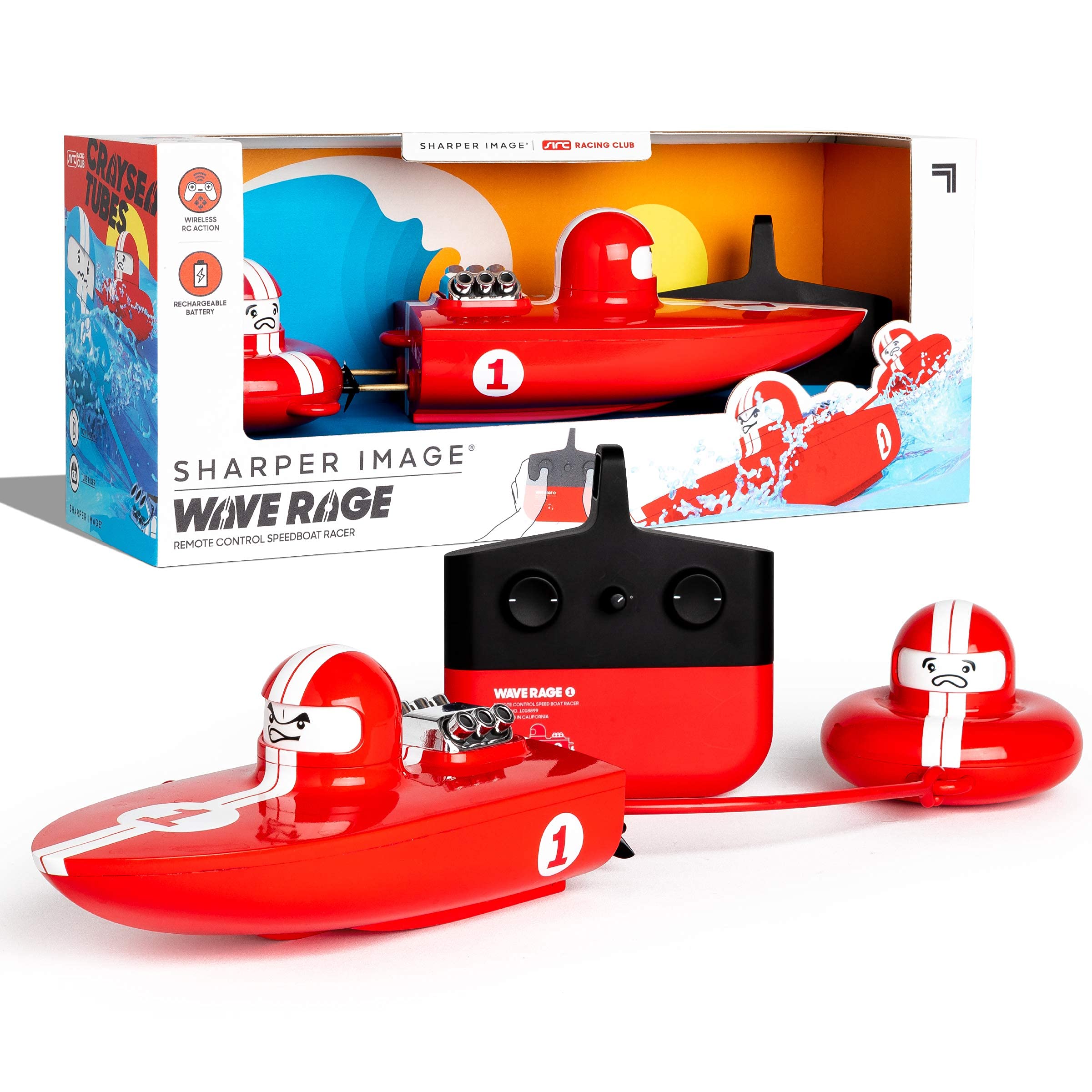 Sharper Image The RC Wave Rage, Wireless Rechargeable Bumper Boat with Tow Rider - Red