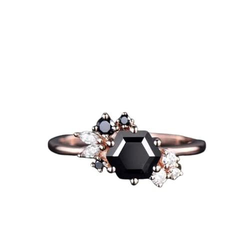 Vintage Black onyx engagement ring hexagon cut black onyx ring rose gold cluster unique engagement ring diamond ring promise wedding ring (Rose Gold, 7)