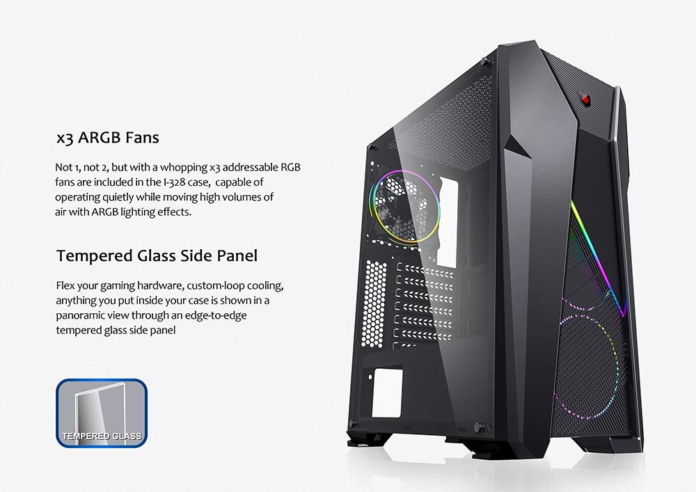 Raidmax i3 Series Mid Tower ATX Desktop Gaming Computer Case USB 3.0 Tempered Glass Window with 120mm ARGB LED Fans (i328)
