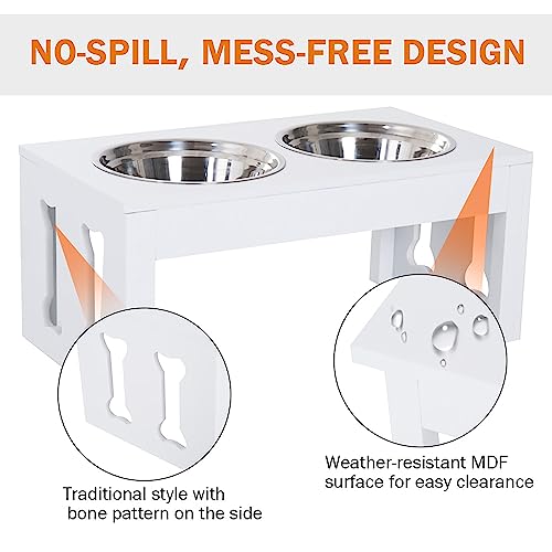 PawHut 23" Modern Decorative Dog Bone Wooden Heavy Duty Pet Food Bowl Elevated Feeding Station - White