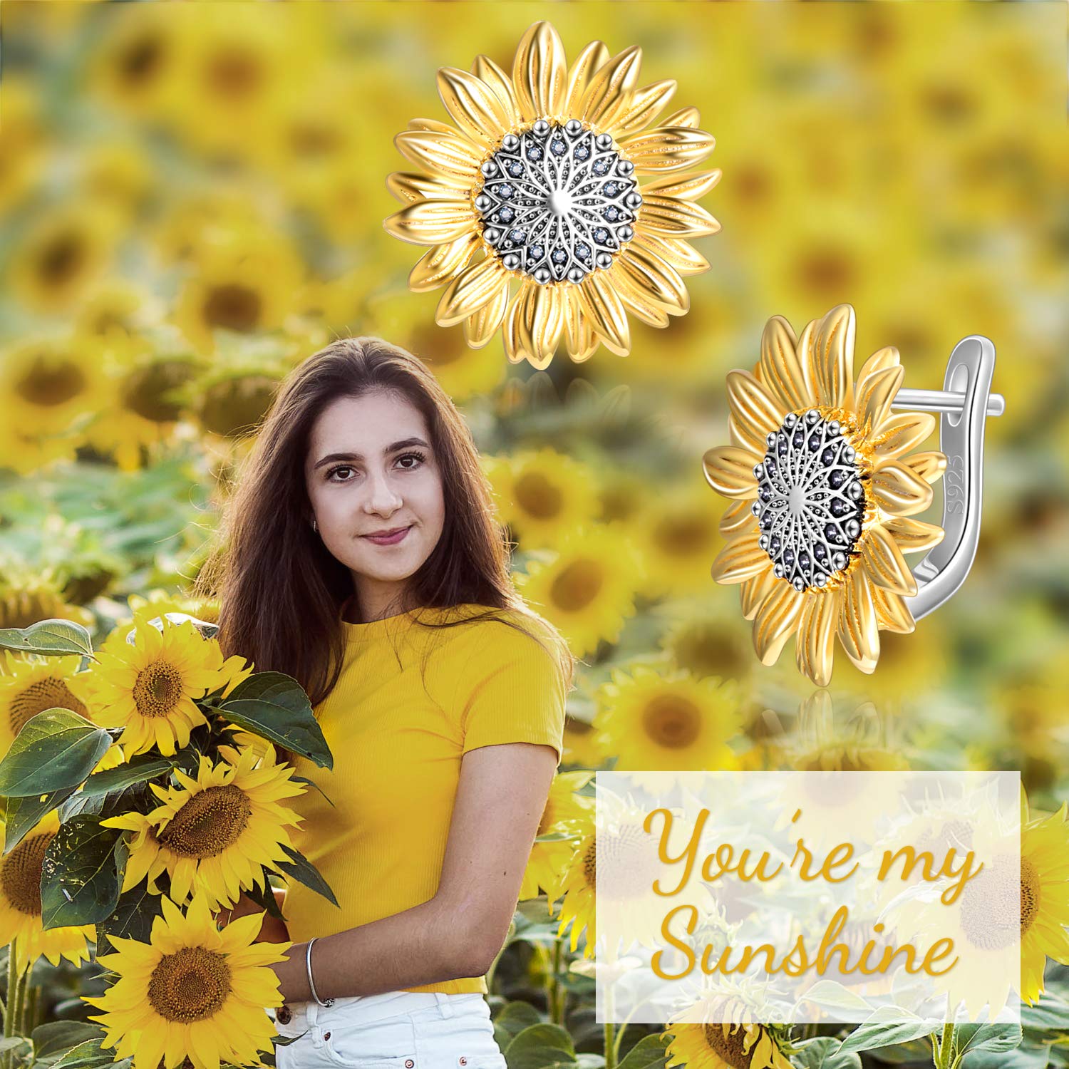 POPKIMI Sunflower Gold/Silver Plated Earrings for Women Sterling Silver Hoop Earrings Birthday Gift Jewelry Silver