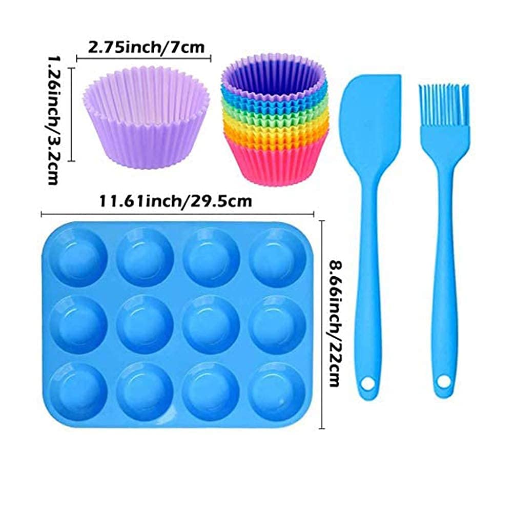 swiftrans Silicone Muffin Pan Cupcake Set,Non Stick, Bpa Free12 Cups Muffin Baking Pan,Silicone Baking Molds Set with 1 Scraper,1 Brush and 12 Muffin Cups