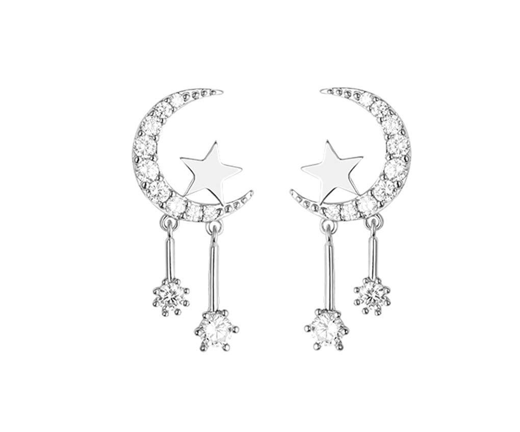 Reffeer 925 Sterling Silver Crescent Moon Star Earrings Studs for Women Teens Girls CZ Moon Studs Earrings Star Tassel Earrings (A-Silver)