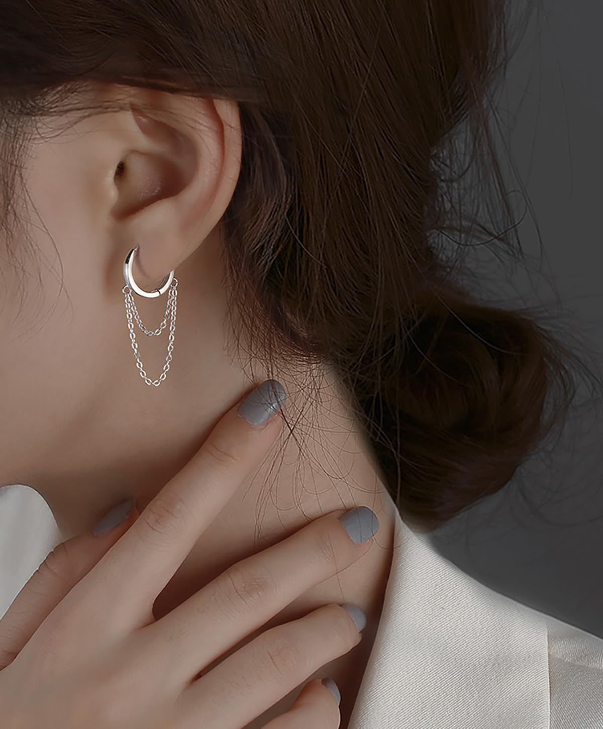 Reffeer 925 Sterling Silver Tassel Chain Drop Dangle Small Hoop Earrings Huggie for Women Teen (Silver)