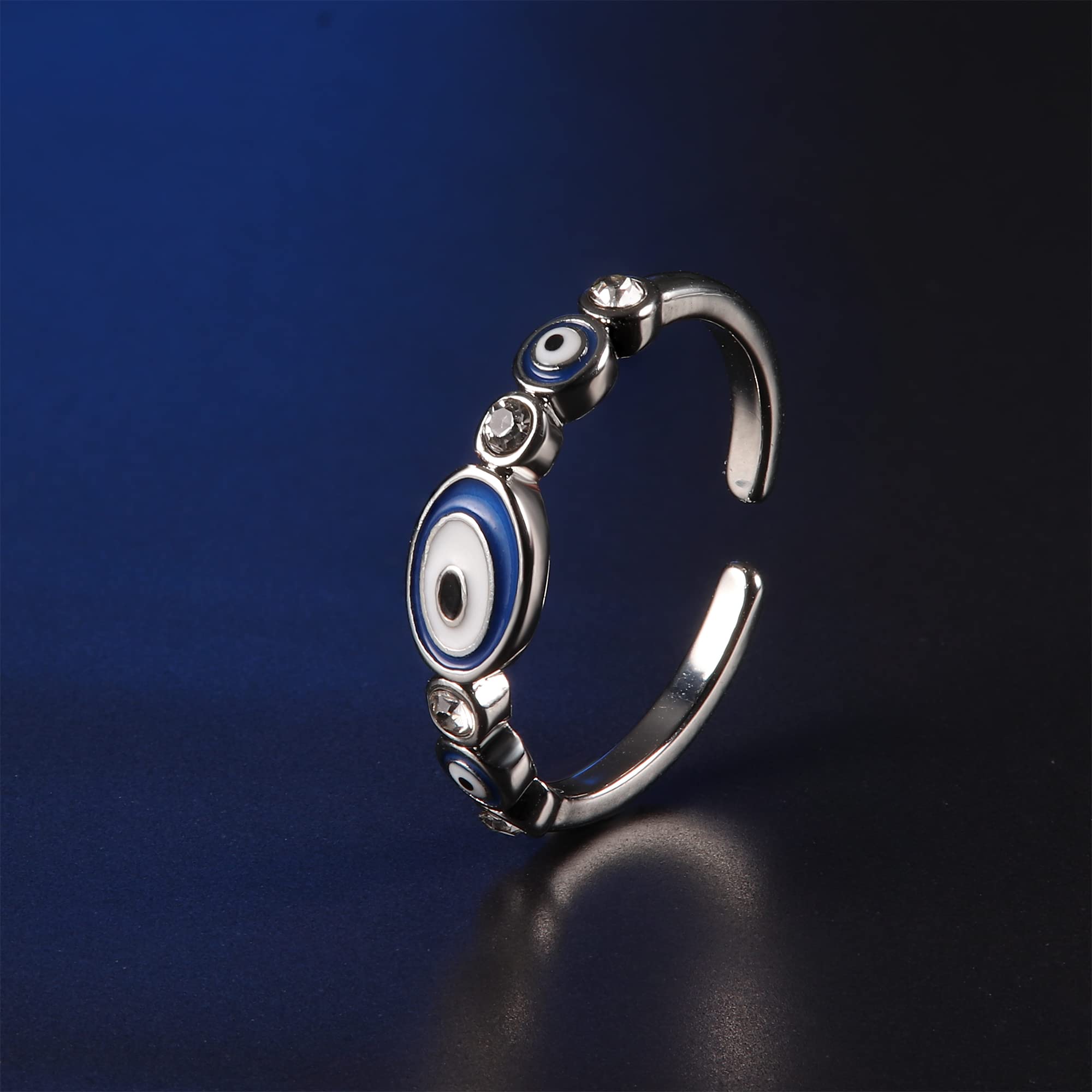 Ubjuliwa 4 Pcs Evil Eye Rings for Women White Gold Plated Eye Ring Set Adjustable Open Ring Silver Dainty Cute Evil Eye Rings Protection Jewelry Gift