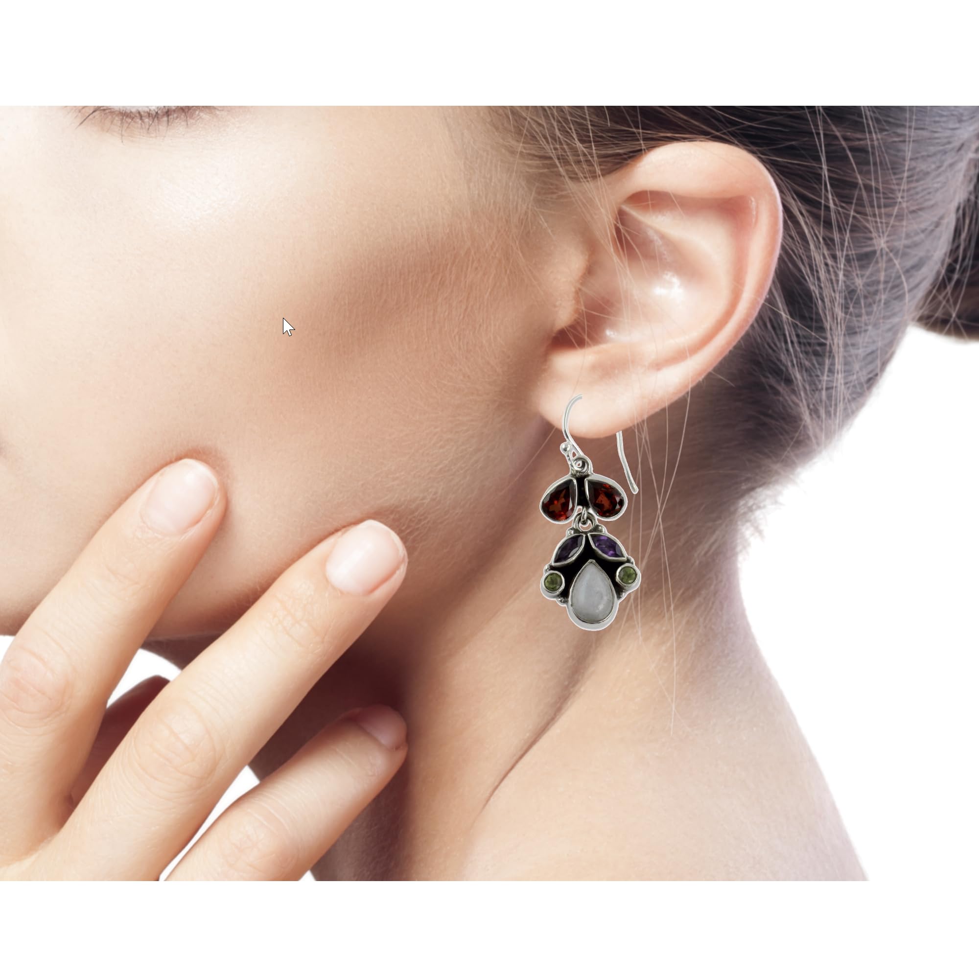 NOVICA Artisan Handmade Amethyst Moonstone Chandelier Earrings .925 Sterling Silver Multigem from India Garnet Peridot Clear Green Multicolor Purple Red Dangle Birthstone 'Rainbow'