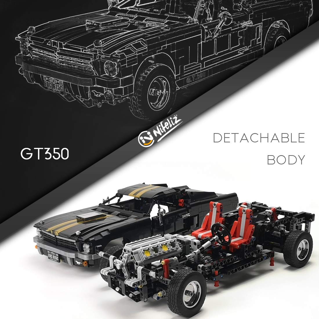 Nifeliz Muscle Car 1965s GT350 Race Car Building Set (1,817 Pieces)