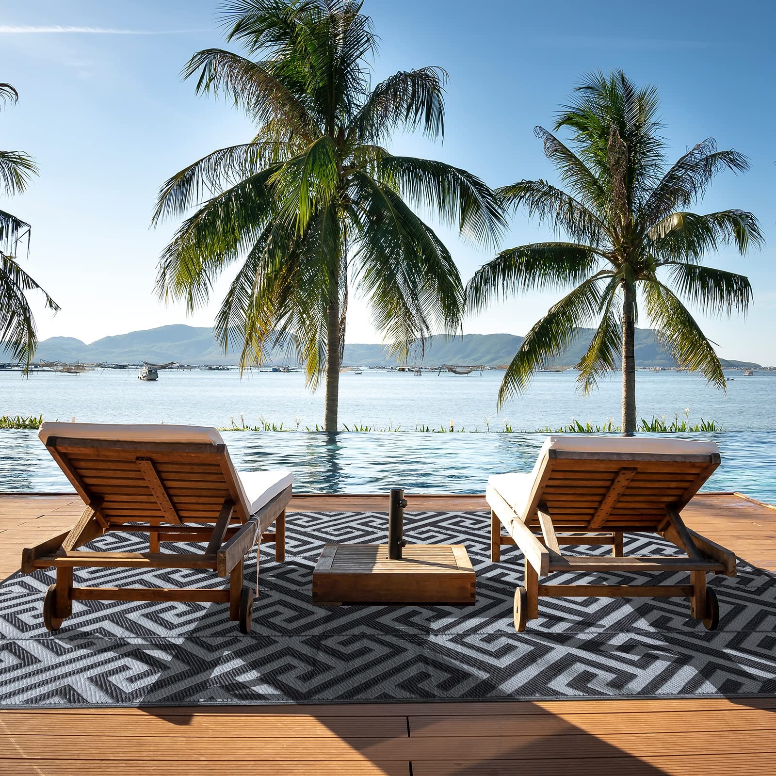 Mymytee Reversible Rugs Plastic Patio Area Rugs, 5x8FT Lightweight Outside I-Shaped Mats for Patio, Straw, RV Camping, Beach and Picnic (Black + Grey)