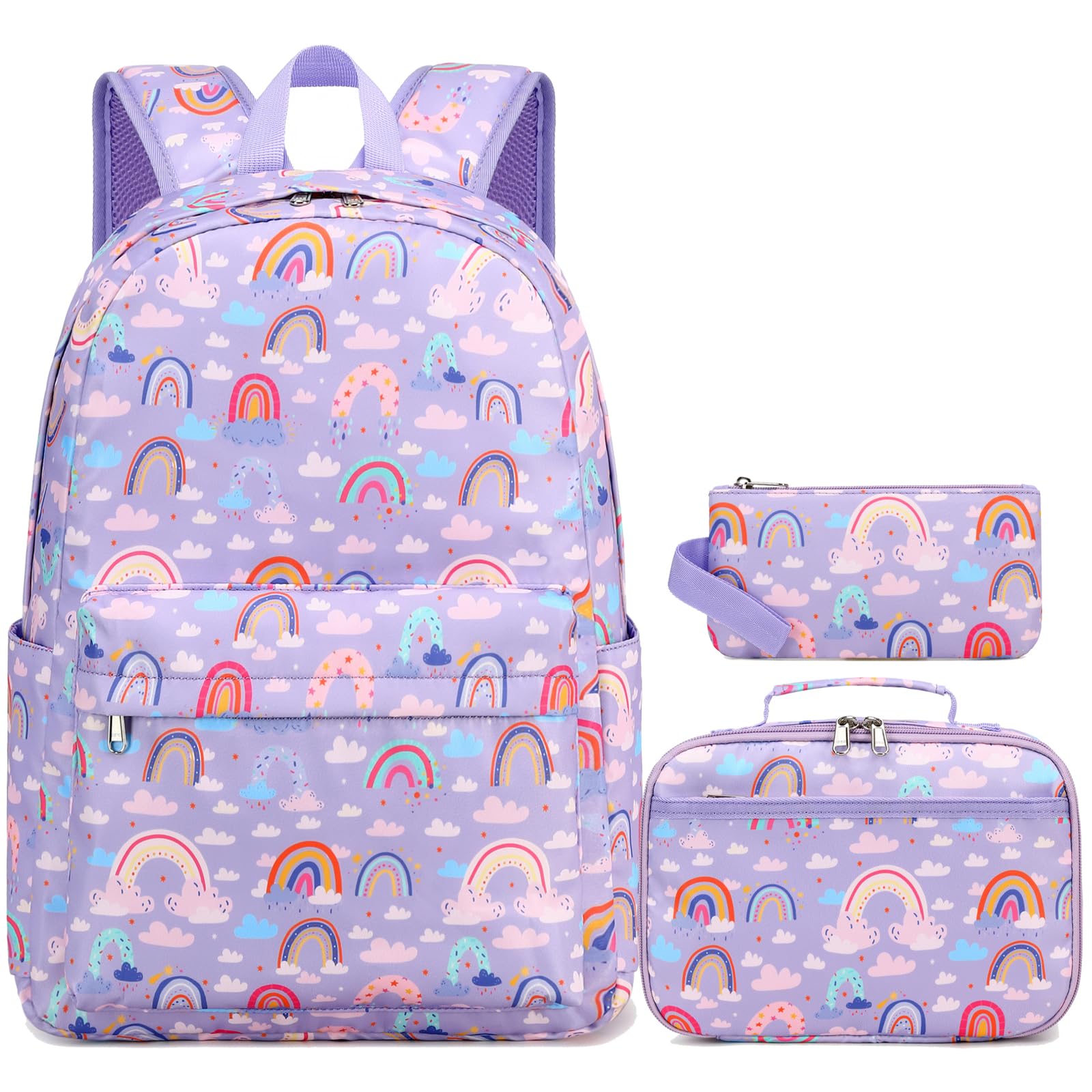 Rainbow Backpack for Girls, 3PCS Rainbow Backpack with Square Lunch Bag & Pencil Case Set for Girls, Large Capacity Kids School Bookbag Set for Preschool Kindergarten Elementary School