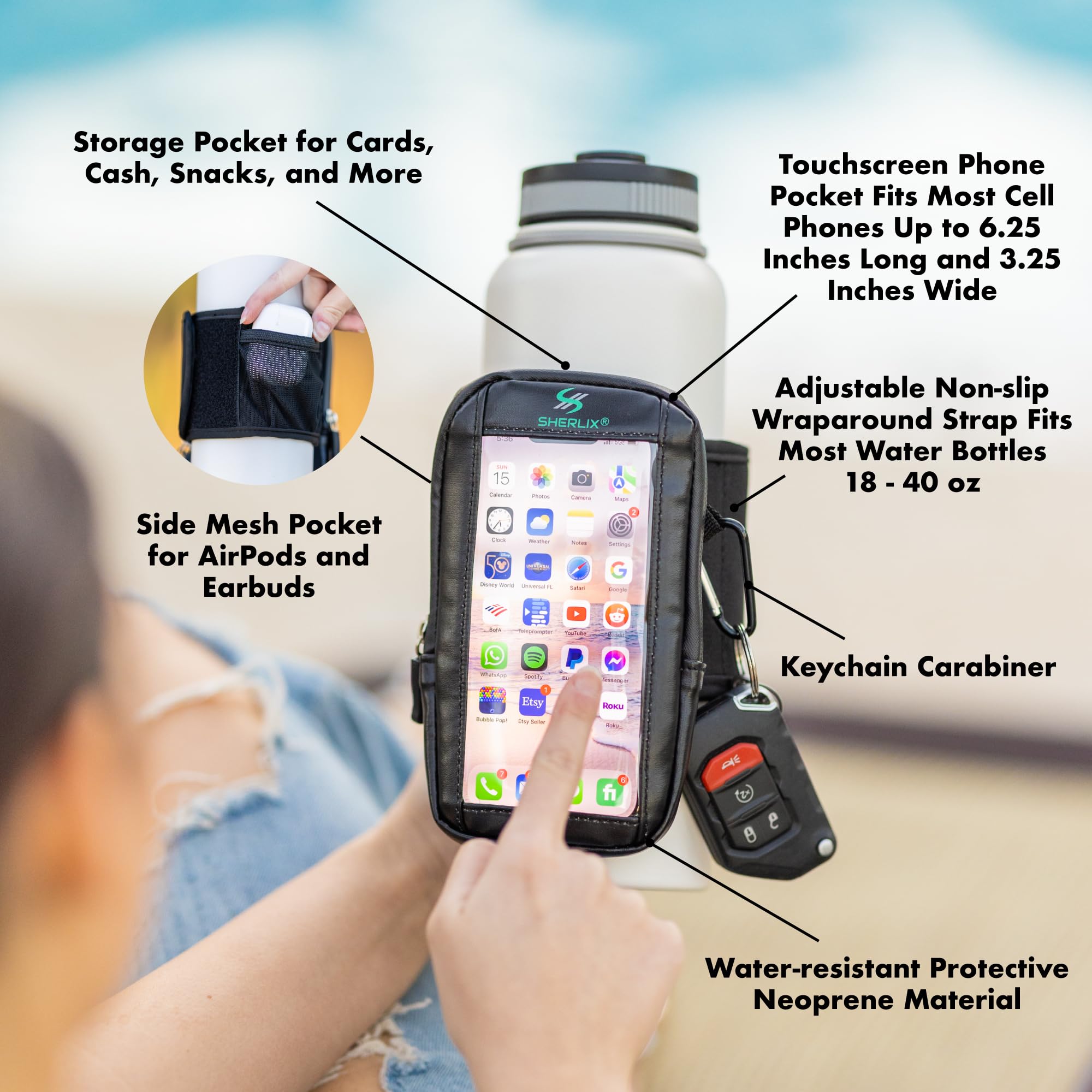 SHERLIX Gym Water Bottle Pouch 18-40 oz Water Bottle Holder for Running, Walking, Workout Cell Phone Holder Caddy, Accessory Pockets