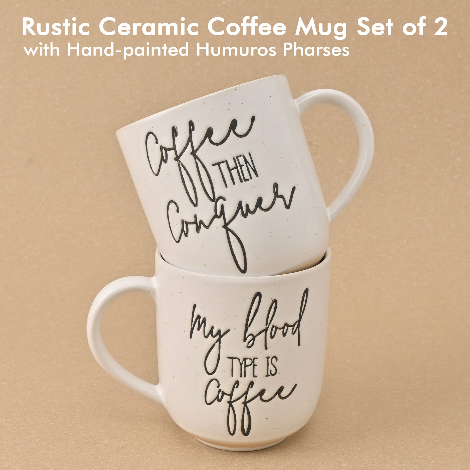 Taimei Teatime 14.5 oz Ceramic Coffee Mug Set of 2, My Blood Type is Coffee & Coffee Then Conquer Coffee Cup Sets, Mugs Gift Set for Couple & Coffee Lovers, Dishwasher and Microwave Safe