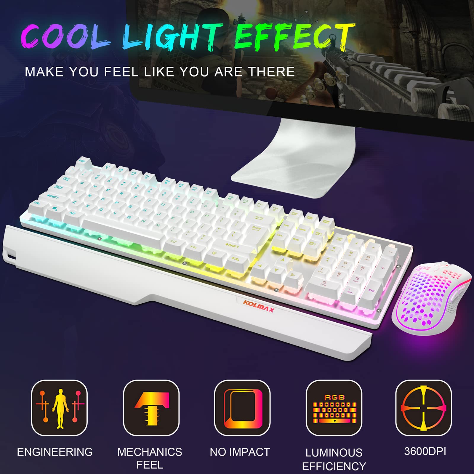 White Gaming Keyboard Colorful Rainbow Backlit Keyboard with Ergonomic Detachable Wrist Rest,Transparent Aluminum Panel Keyboard with Mechanical Feeling 104 Keys for PC PS4 Xbox Mac Office/Gaming