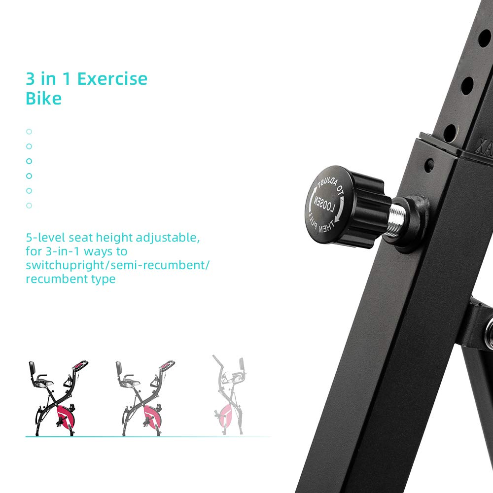 PEXMOR 3 in 1 Adjustable Folding Exercise Bike Convertible Magnetic Upright Recumbent Bike with Arm Bands and Leg Bands (Red)