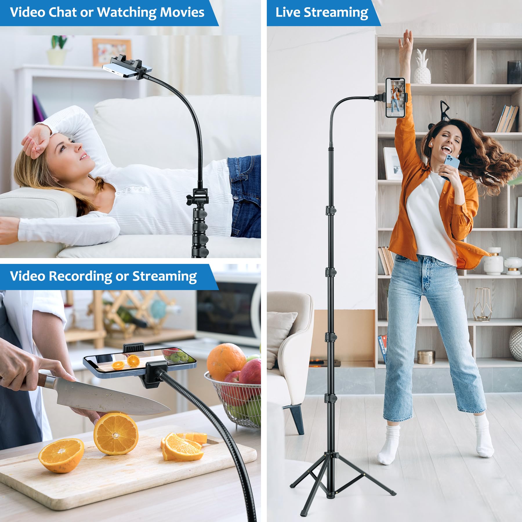 Phone Tripod, 80" Tall Tripod for iPhone with 13" Adjustable Gooseneck, Cell Phone Tripod with Remote and Phone Holder, Overhead Tripod Stand for iPhone 15 14 13 12 Android Phone